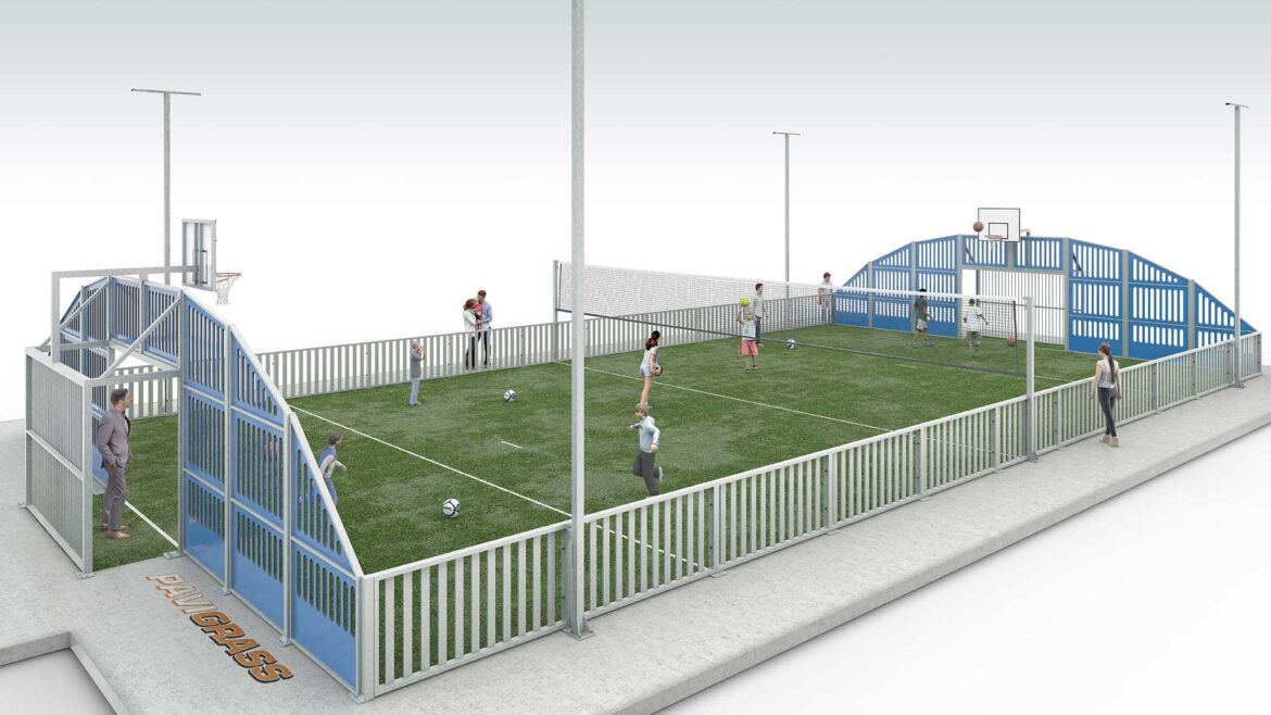Pista multideporte mixta fenólico/hierro con césped artificial. Opción ...